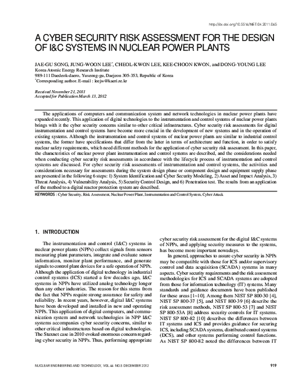 Pdf A Cyber Security Risk Assessment For The Design Of Iandc Systems In