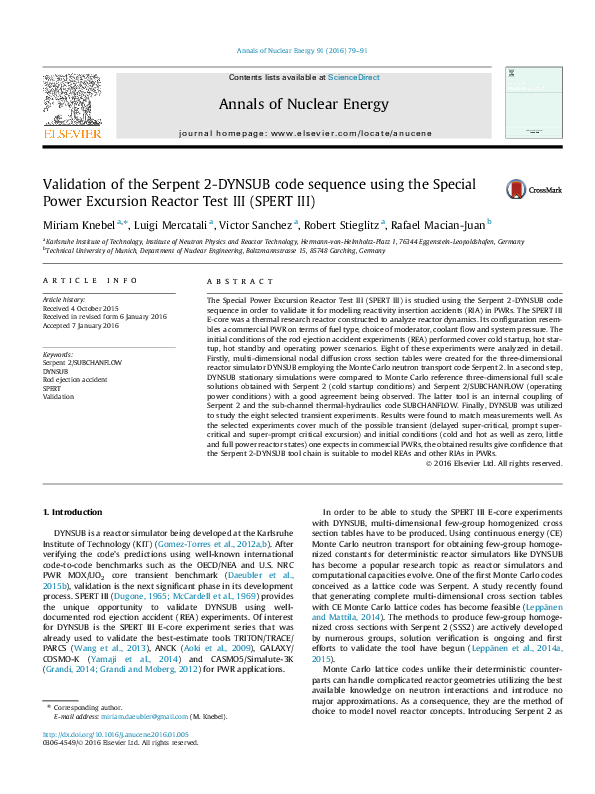 (PDF) Validation of the Serpent 2-DYNSUB code sequence using the Special Power Excursion Reactor ...