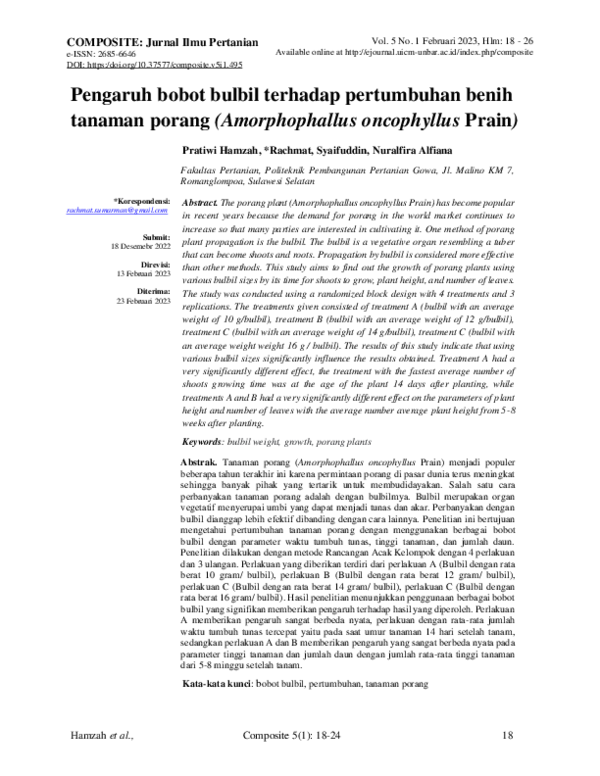 (PDF) Pengaruh bobot bulbil terhadap pertumbuhan benih tanaman porang ...