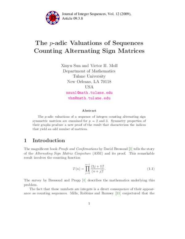 (PDF) The p-adic valuations of sequences counting alternating sign matrices