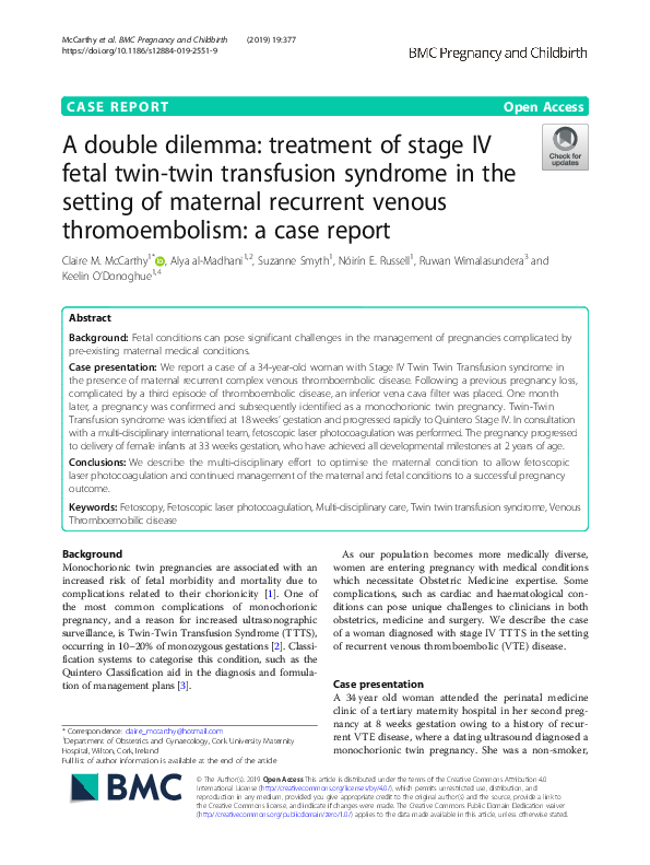 (PDF) A double dilemma: treatment of stage IV fetal twin-twin ...