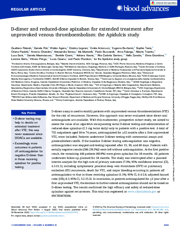 (PDF) D-dimer and reduced-dose apixaban for extended treatment after ...