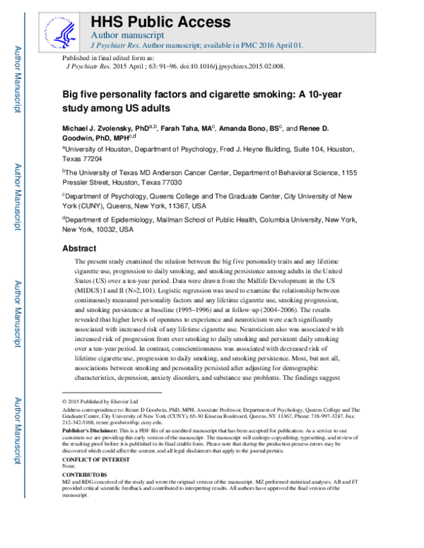 (PDF) Big five personality factors and cigarette smoking: A 10-year ...