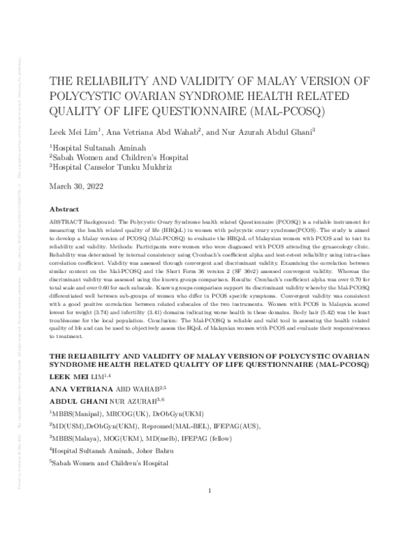 (PDF) The Reliability and Validity of Malay Version of Polycystic ...