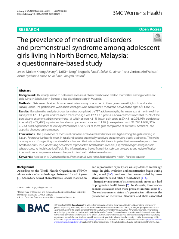 (PDF) The prevalence of menstrual disorders and premenstrual syndrome ...