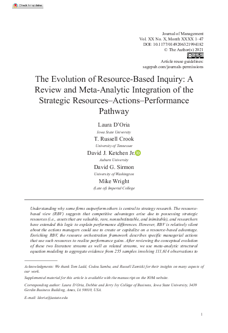(PDF) The Evolution of Resource-Based Inquiry: A Review and Meta-Analytic Integration of the ...