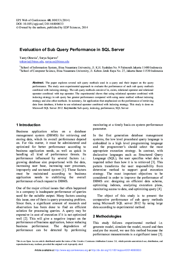 (PDF) Evaluation of Sub Query Performance in SQL Server