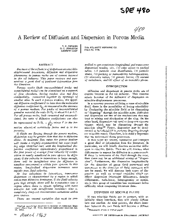 (PDF) A Review of Diffusion and Dispersion in Porous Media
