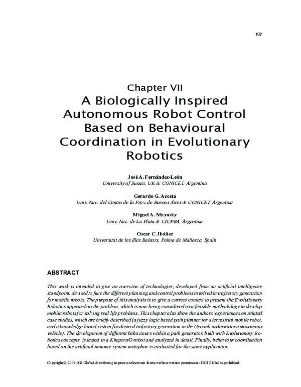 Pdf A Biologically Inspired Autonomous Robot Control Based On Behavioural Coordination In