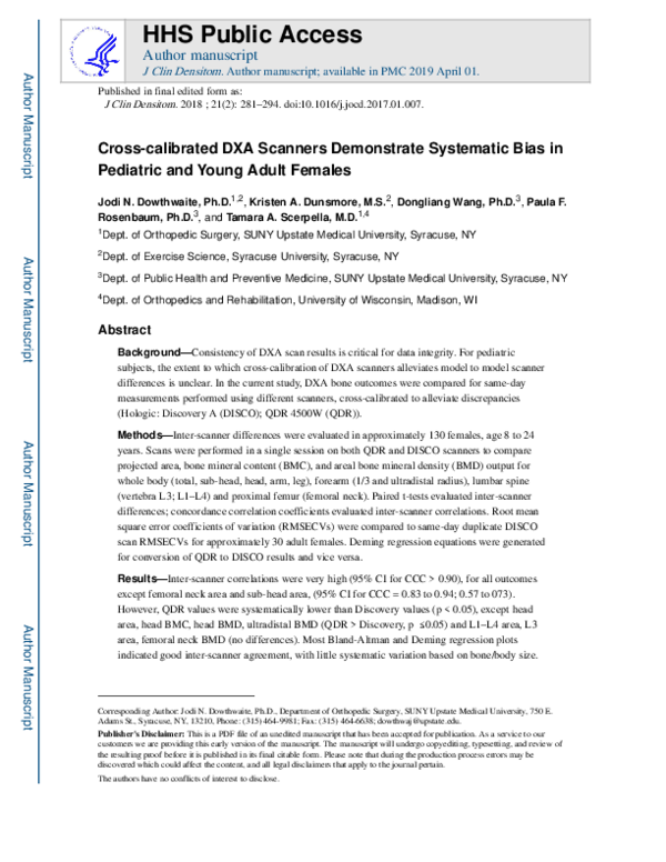 (PDF) Cross-Calibrated Dual-Energy X-Ray Absorptiometry Scanners Demonstrate Systematic Bias in ...