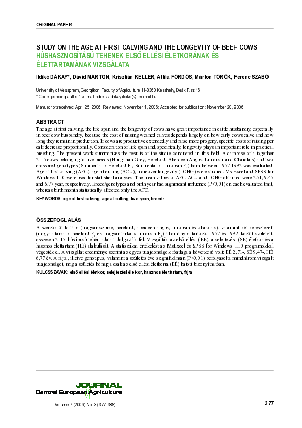 (PDF) Study on the Age at First Calving and the Longevity of Beef Cows