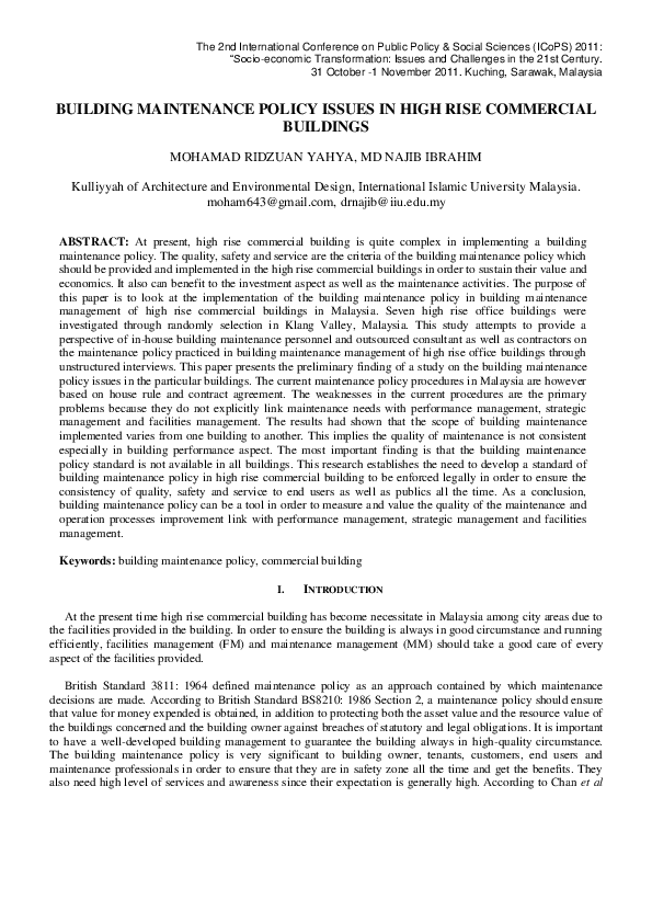 (PDF) Building maintenance policy issues in high rise commercial buildings