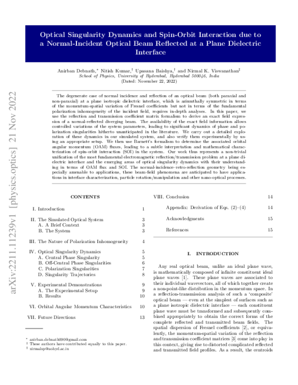 (PDF) Optical singularity dynamics and spin-orbit interaction due to a ...