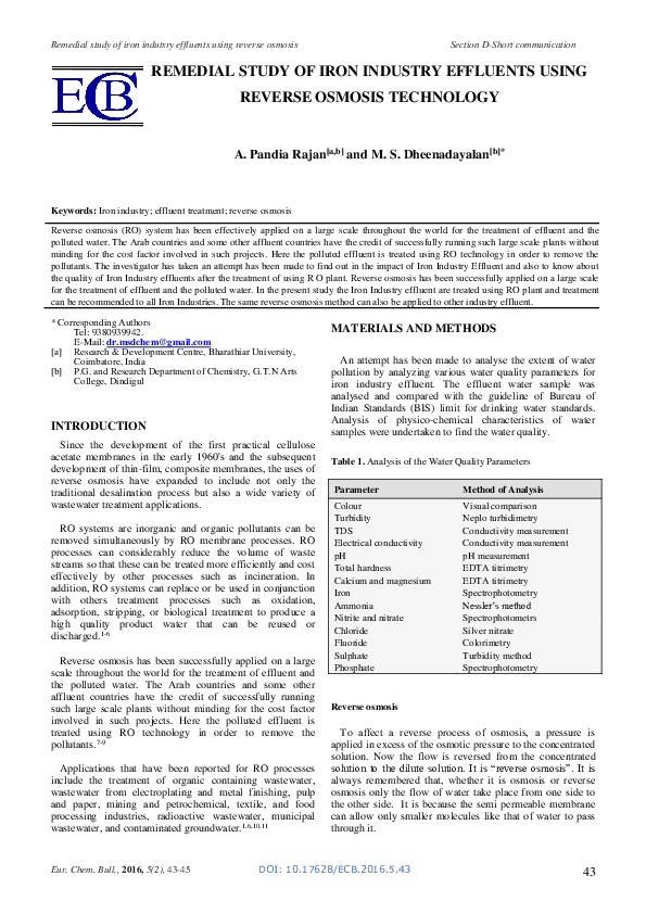 (PDF) Remedial Study of Iron Industry Effluents Using Reverse Osmosis ...