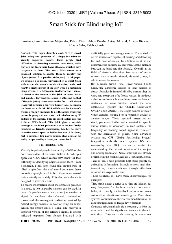 (PDF) Smart Stick for Blind using IoT | Ananya Biswas - Academia.edu