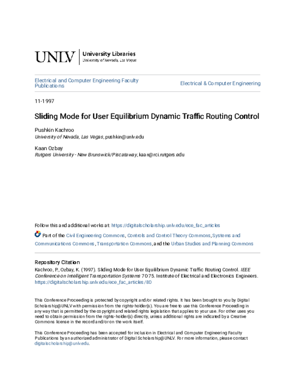 (PDF) Sliding mode for user equilibrium dynamic traffic routing control