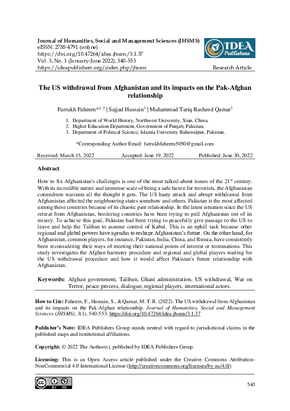 (PDF) The US withdrawal from Afghanistan and its impacts on the Pak ...