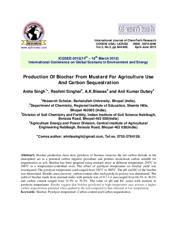(PDF) Production of biochar from mustard for agriculture use and carbon ...