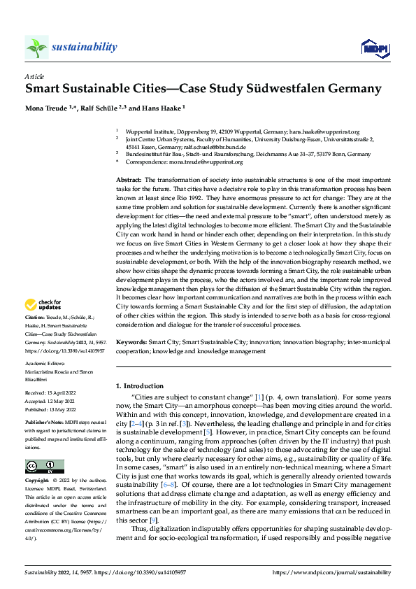 (PDF) Smart Sustainable Cities—Case Study Südwestfalen Germany