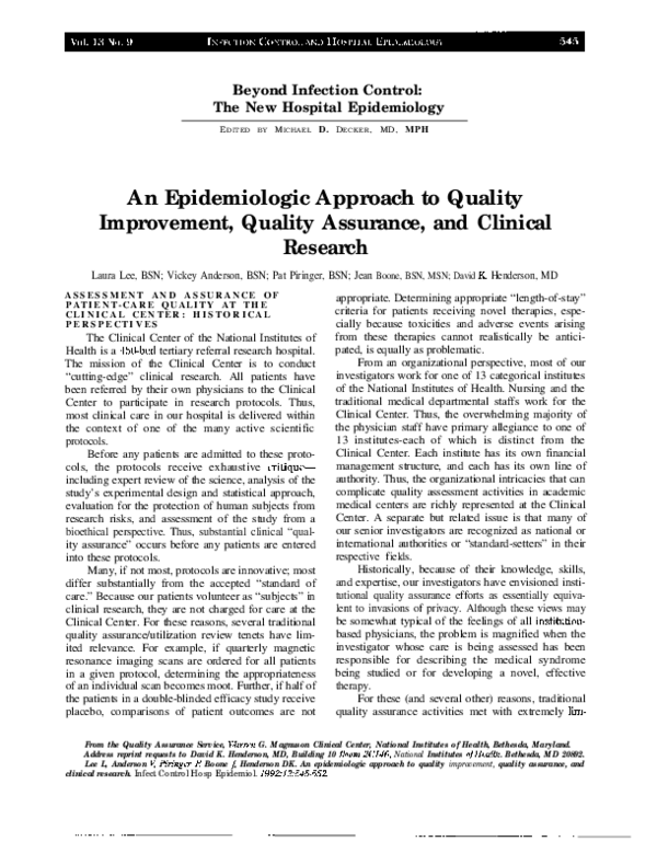 (PDF) An Epidemiologic Approach to Quality Improvement, Quality ...