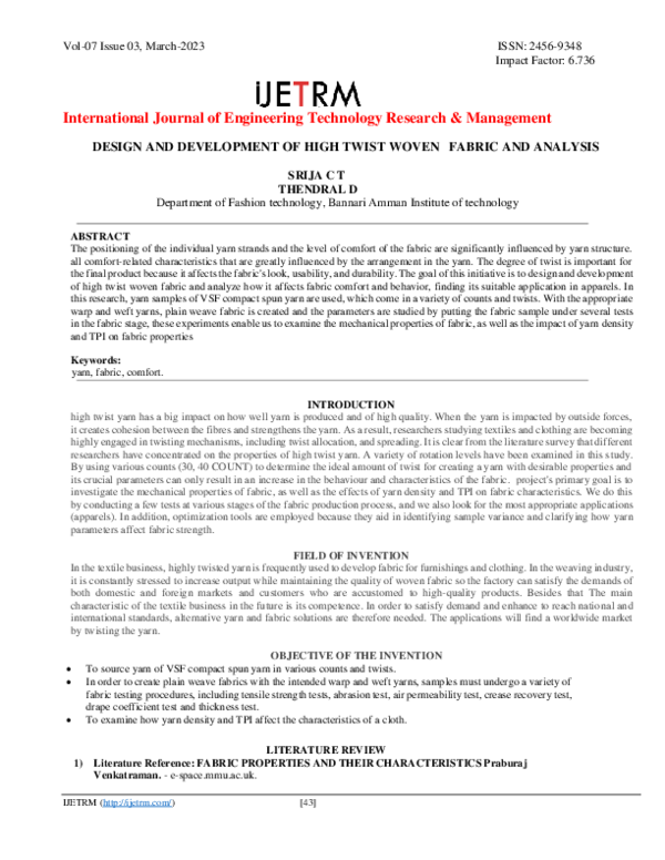 (PDF) DESIGN AND DEVELOPMENT OF HIGH TWIST WOVEN FABRIC AND ANALYSIS