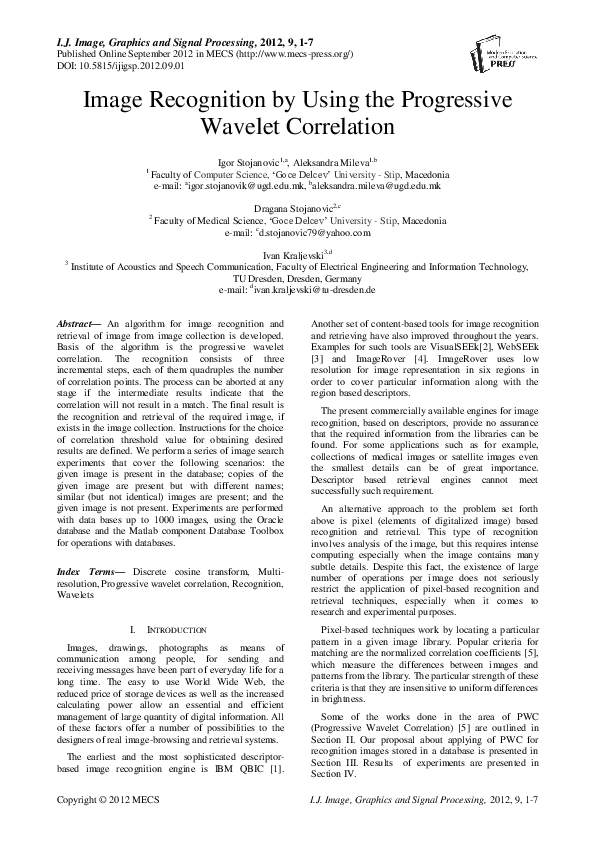 (PDF) Image Recognition by Using the Progressive Wavelet Correlation