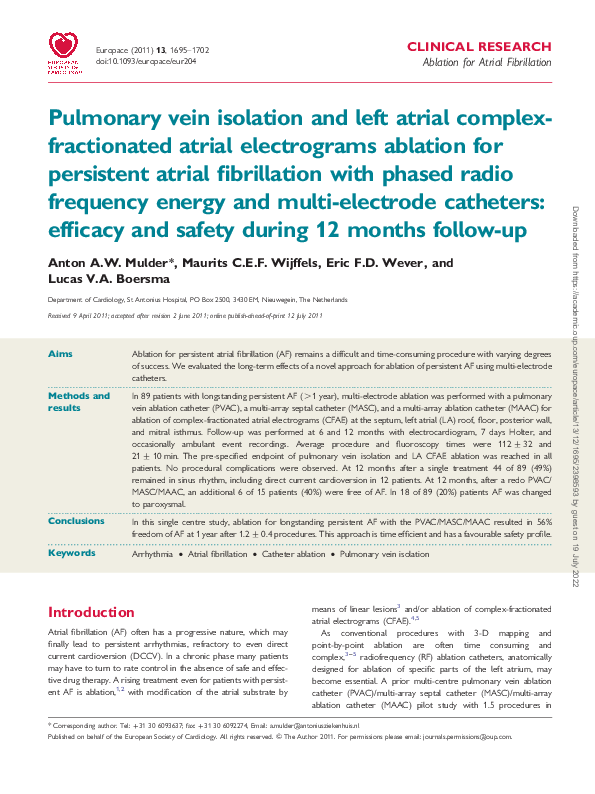 (PDF) Pulmonary vein isolation and left atrial complex-fractionated atrial electrograms ablation ...