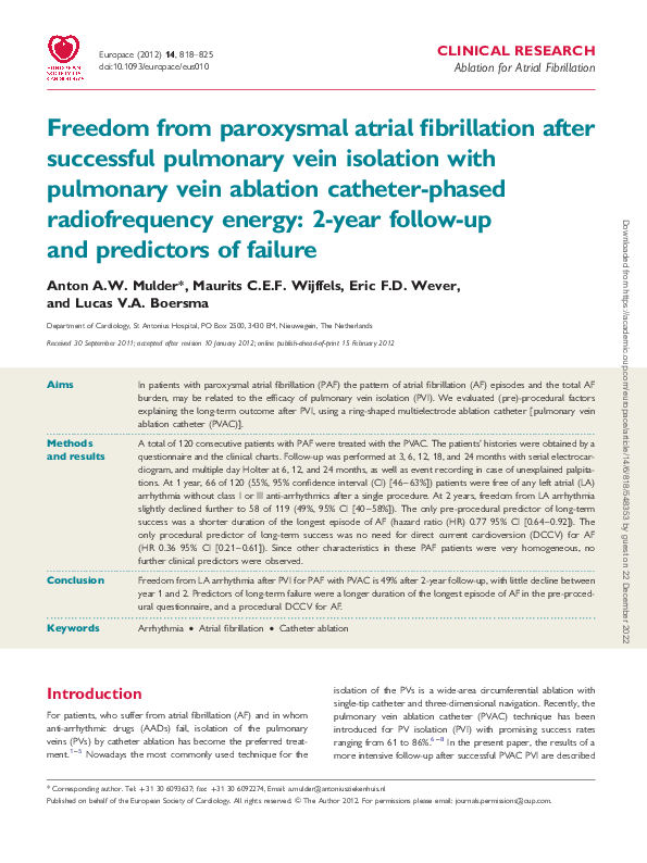 (PDF) Freedom from paroxysmal atrial fibrillation after successful pulmonary vein isolation with ...