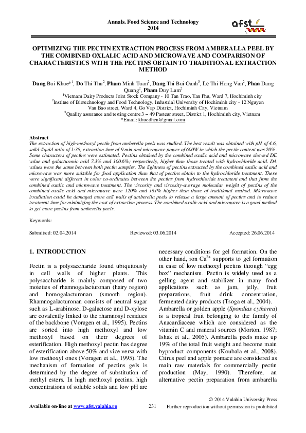 (PDF) Optimizing the Pectin Extraction Process from Amberalla Peel by the Combined Oxlalic Acid ...