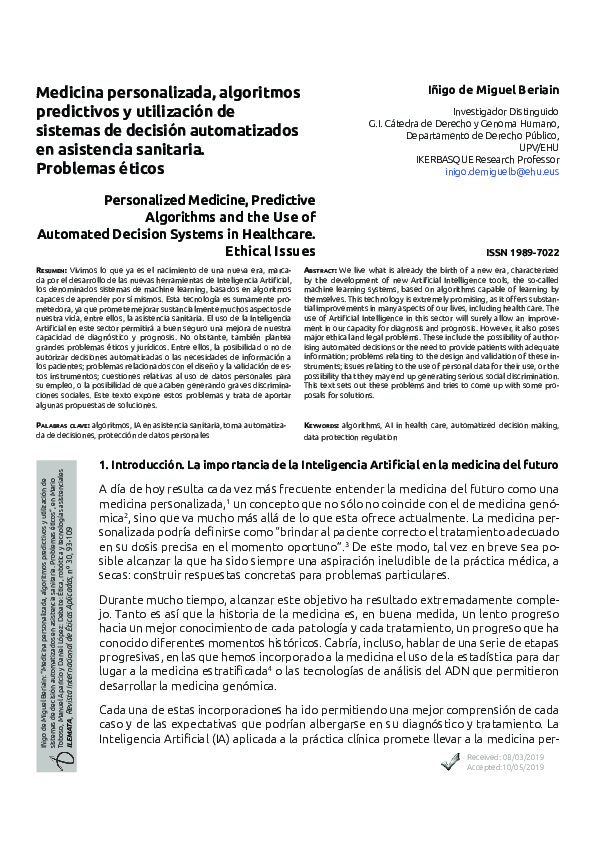 (PDF) Medicina personalizada, algoritmos predictivos y utilización de ...