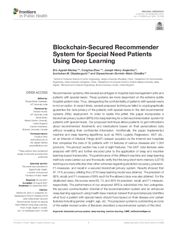 (PDF) Blockchain-Secured Recommender System for Special Need Patients Using Deep Learning