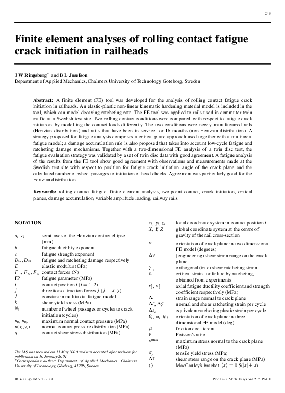 Pdf Finite Element Analyses Of Rolling Contact Fatigue Crack