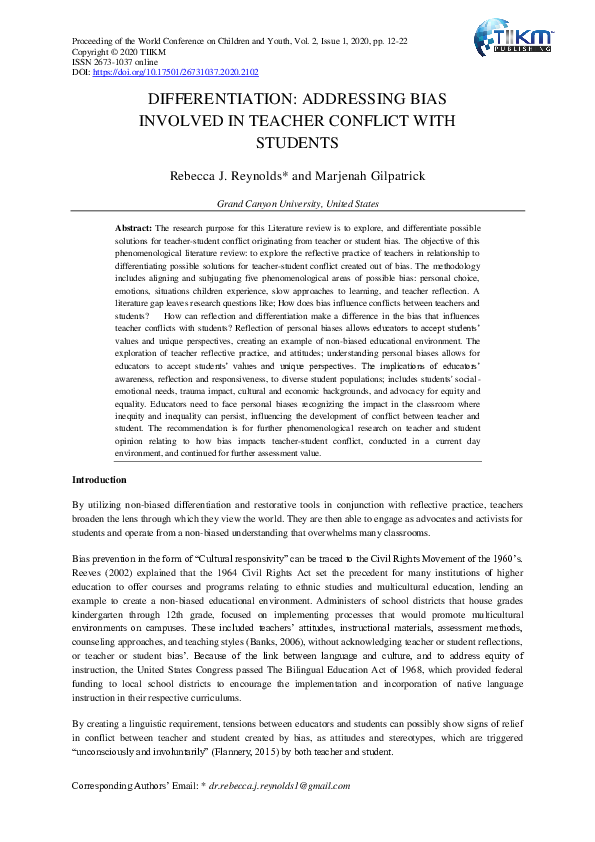 (PDF) Differentiation: Addressing Bias Involved in Teacher Conflict ...