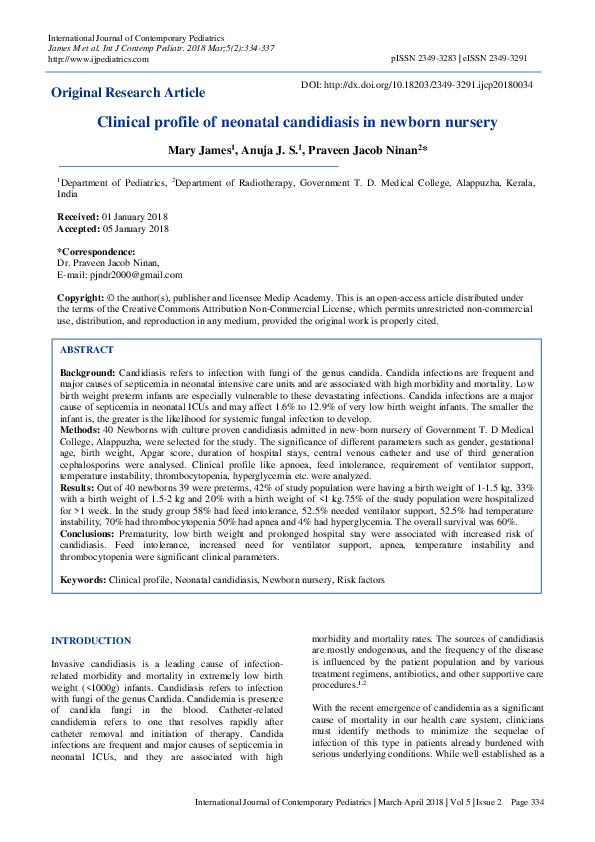 (PDF) Clinical profile of neonatal candidiasis in newborn nursery
