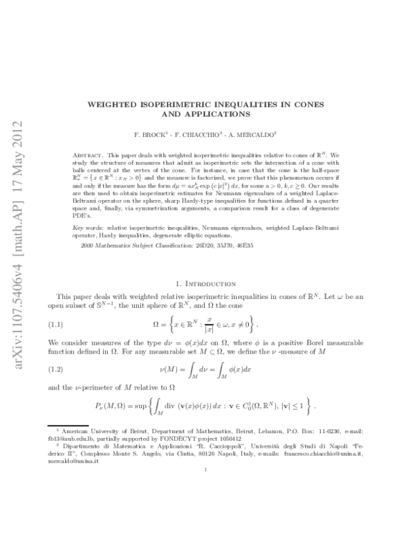 (PDF) Weighted isoperimetric inequalities in cones and applications (PDF) Weighted isoperimetric inequalities in cones and applications