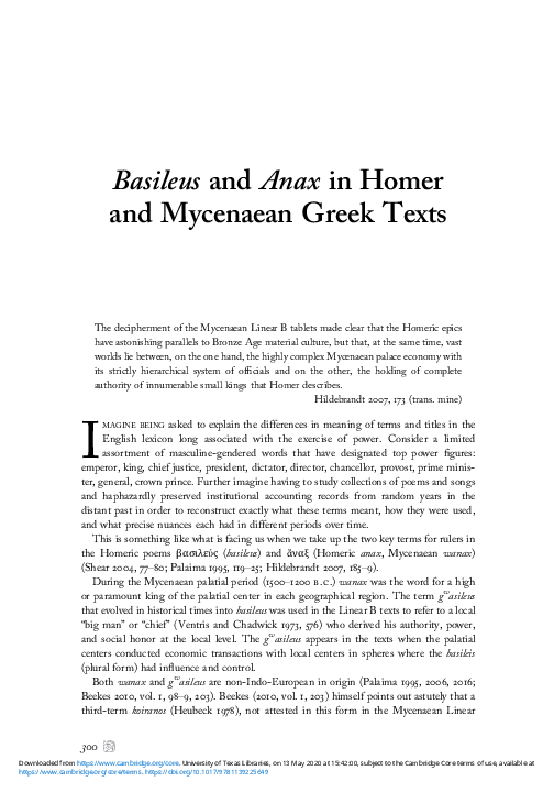 (PDF) Basileus and Anax in Homer and Mycenaean Greek Texts