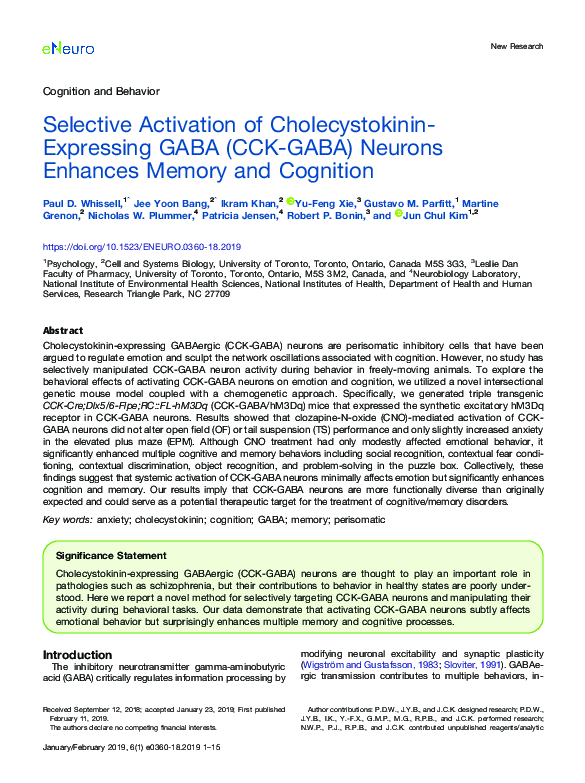 (PDF) Selective Activation of Cholecystokinin-Expressing GABA (CCK-GABA) Neurons Enhances Memory ...