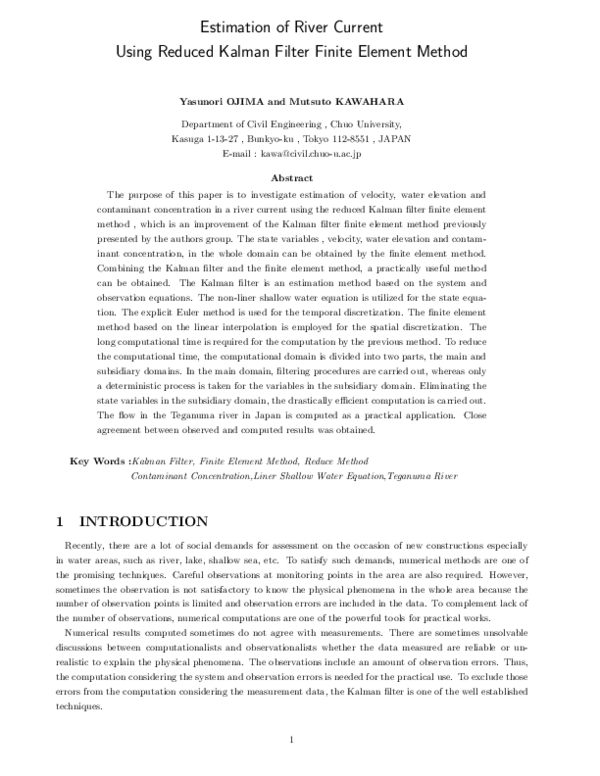Pdf Estimation Of River Current Using Reduced Kalman Filter Finite Element Method