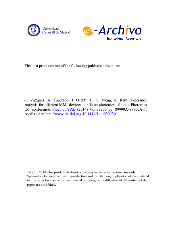 (PDF) Tolerance analysis for efficient MMI devices in silicon photonics