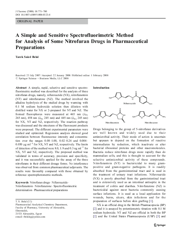 Pdf A Simple And Sensitive Spectrofluorimetric Method For Analysis Of Some Nitrofuran Drugs In
