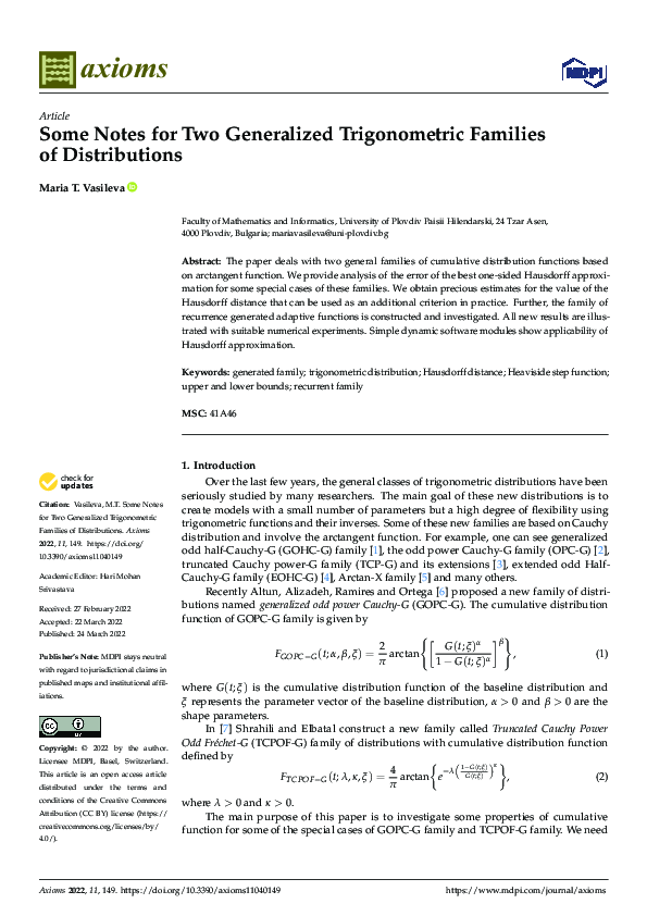 Pdf Some Notes For Two Generalized Trigonometric Families Of Distributions Maria Vasileva
