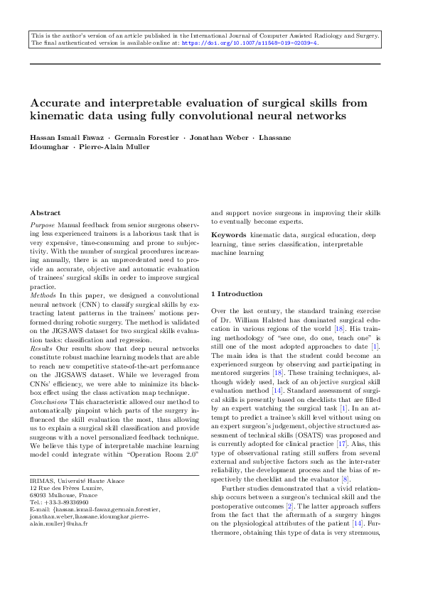 (PDF) Accurate and interpretable evaluation of surgical skills from kinematic data using fully ...