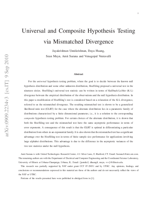 (PDF) Universal and Composite Hypothesis Testing via Mismatched Divergence