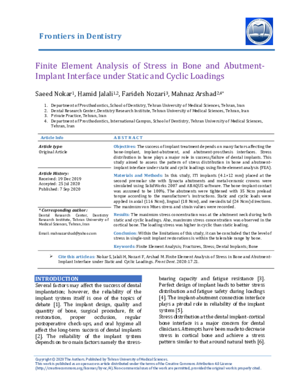 Finite Element Analysis Of Stress In Bone And Abutment Implant Interface Under Static And Cyclic