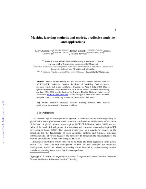 Pdf Machine Learning Methods And Models Predictive Analytics And Applications