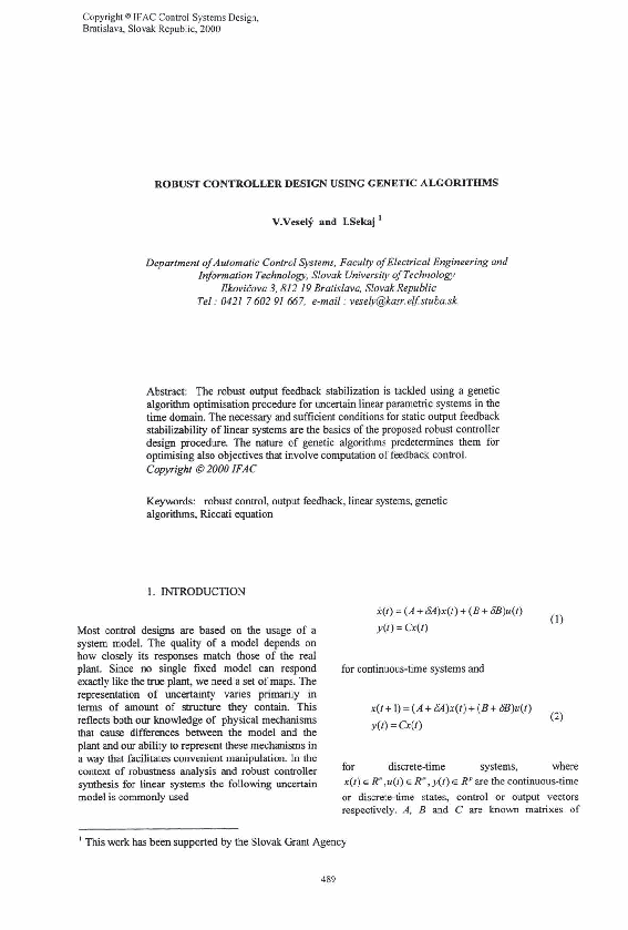 (PDF) Robust Controller Design Using Genetic Algorithms | Ivan Sekaj ... (PDF) Robust Controller Design Using Genetic Algorithms | Ivan Sekaj ...