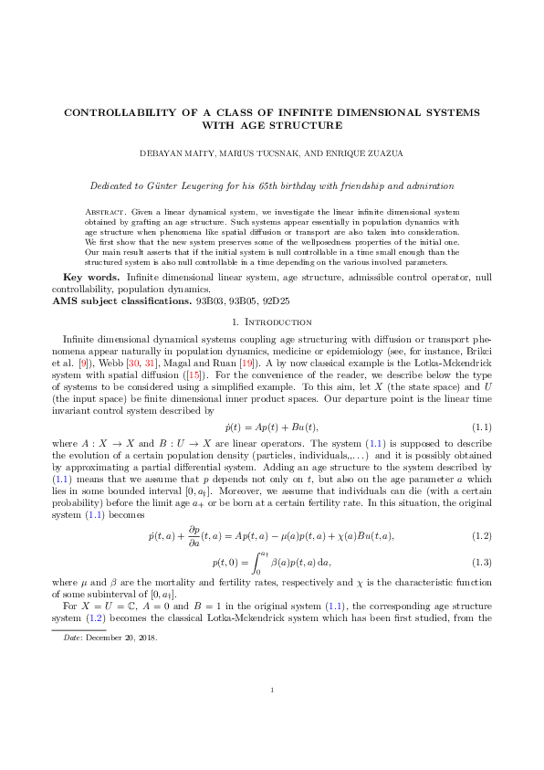 (PDF) Controllability of a Class of Infinite Dimensional Systems With Age Structure