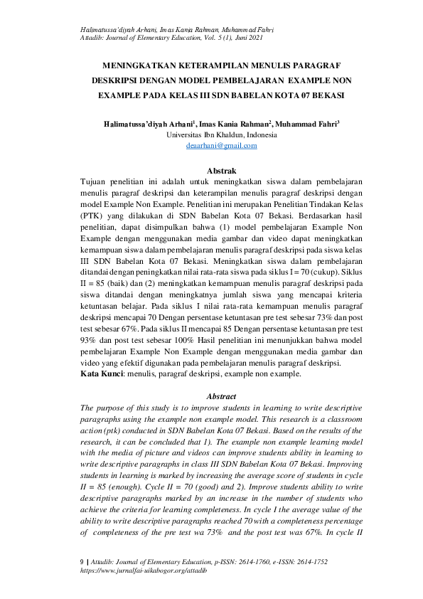 (PDF) Meningkatkan Keterampilan Menulis Paragraf Deskripsi Dengan Model Pembelajaran Example Non ...