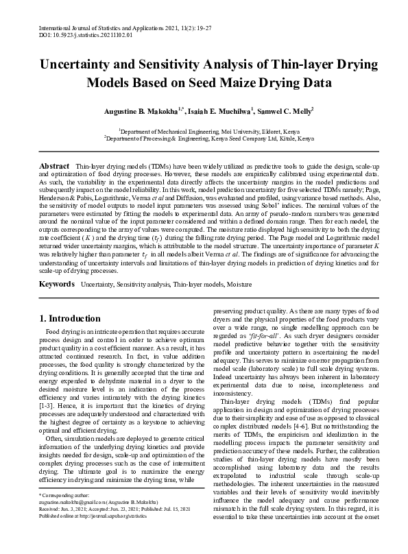 (PDF) Uncertainty and Sensitivity Analysis of Thin-layer Drying Models Based on Seed Maize ...