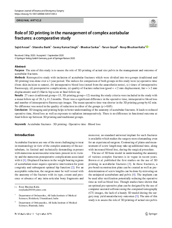 (PDF) Role of 3D printing in the management of complex acetabular fractures: a comparative study